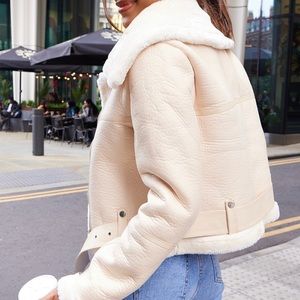 PrettyLittleThing | Jackets & Coats | Cream Multi Zip Cropped Aviator ...